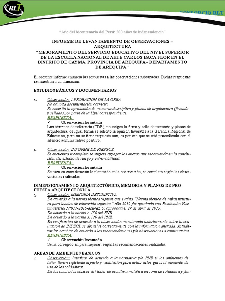 Informe de Levantamiento de Observaciones - Arquitectura | PDF