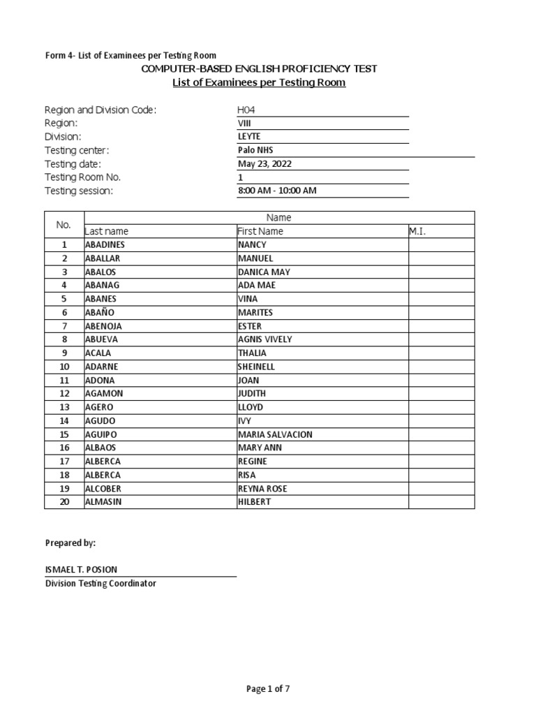 Form 4 List of Examinees Per Testing Room | PDF
