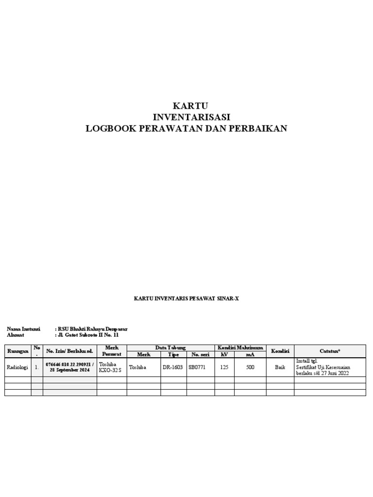 Kartu Inventaris Dan Log Book Perbaikan Xray | PDF