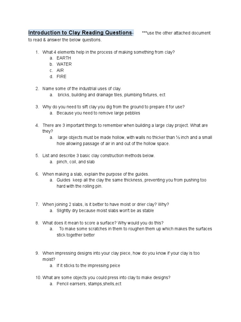 Intro To Clay - Reading Questions f2021 | PDF | Ceramics | Building ...