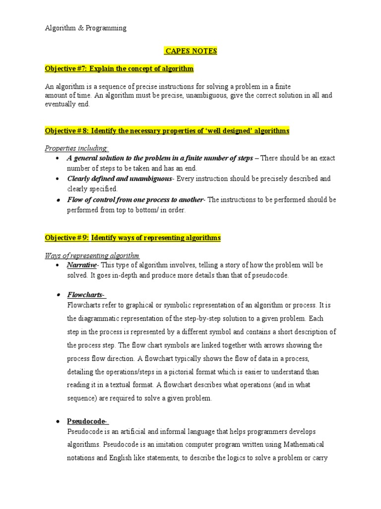 Capes Notes Objective #7: Explain The Concept of Algorithm: Properties ...