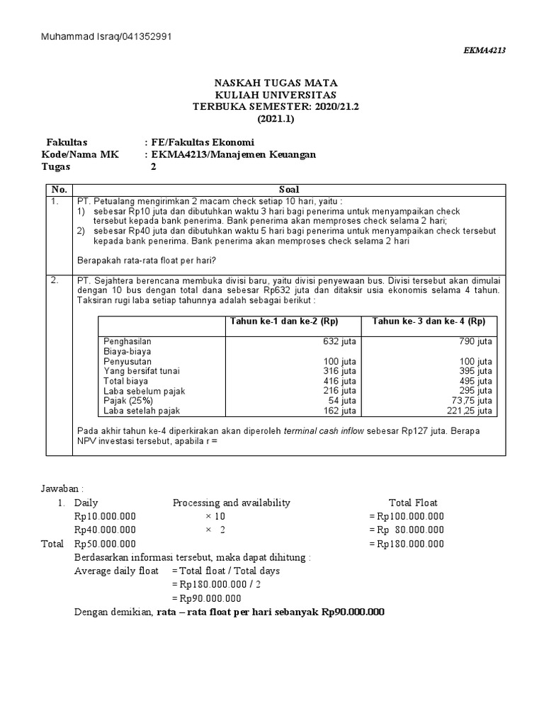 Tugas Tuton 2 Manajemen Keuangan Ekma4213 | PDF | Pengelolaan Keuangan & Uang