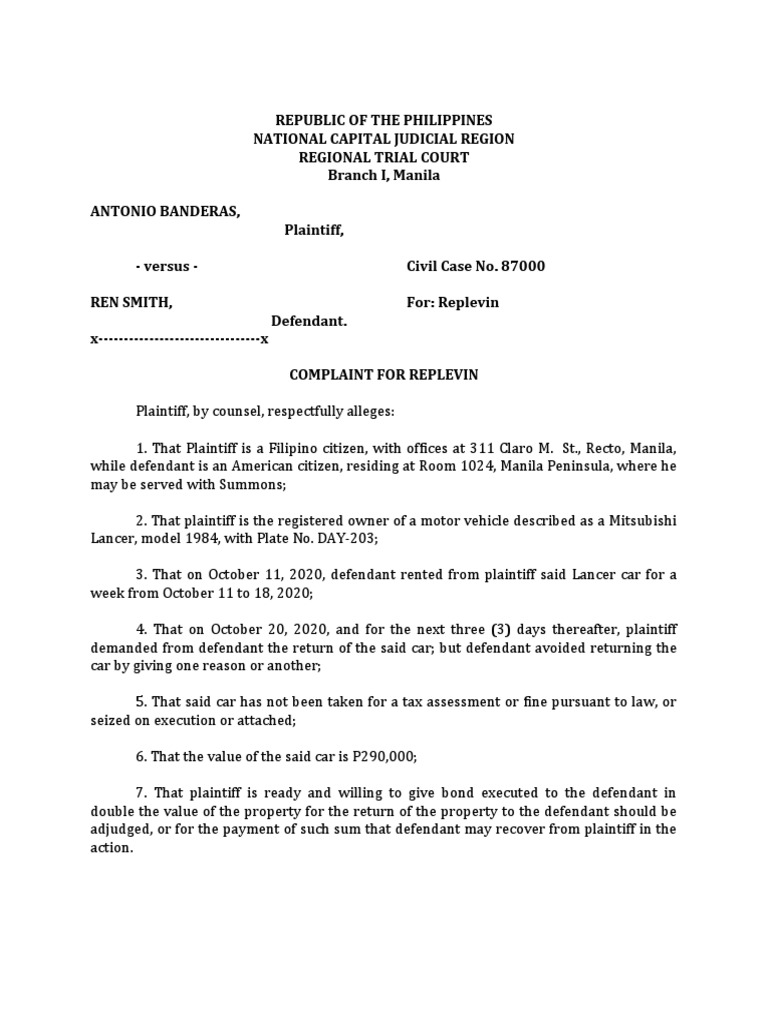 Sample Replevin | PDF | Plaintiff | Separation Of Powers