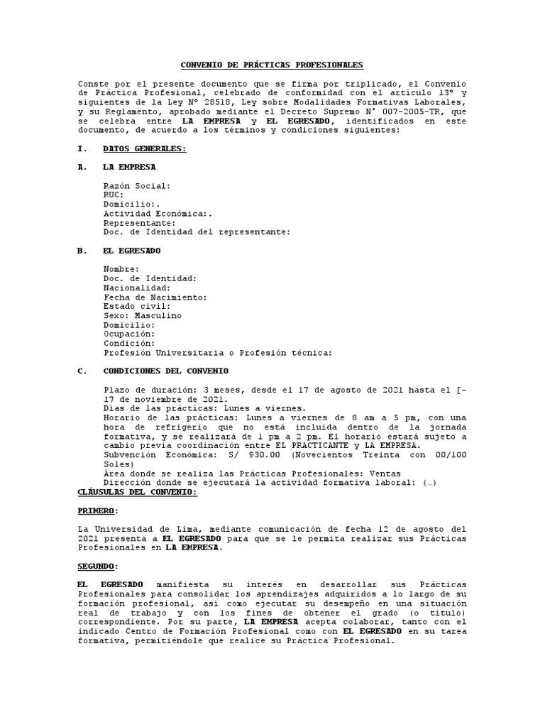 Modelo de Convenio de Prácticas Profesionales | PDF | Seguro ...