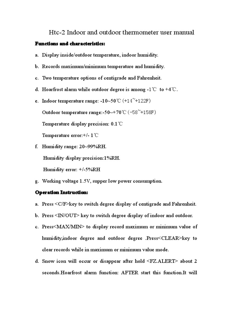 Htc-2 Indoor and Outdoor Thermometer User Manual | PDF