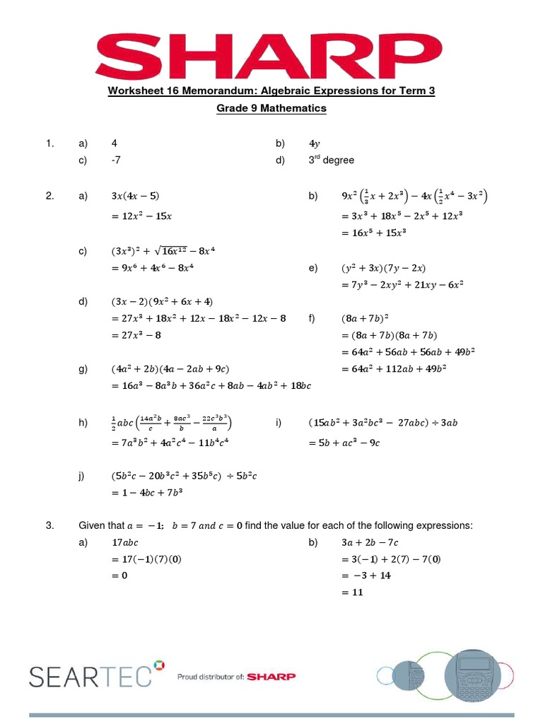 Worksheet 16 Memorandum - Algebraic Expressions For Term 3 Grade 9 ...