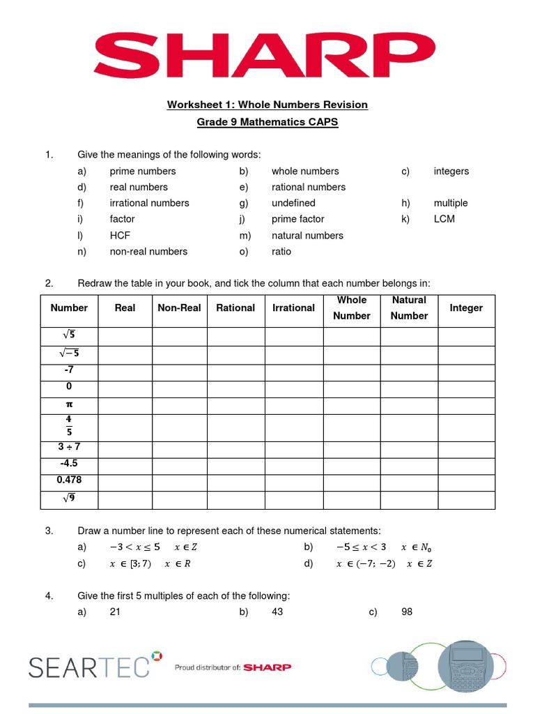 Grade 9 Mathematics Whole Numbers Revision Worksheet 1 | PDF | Rational ...