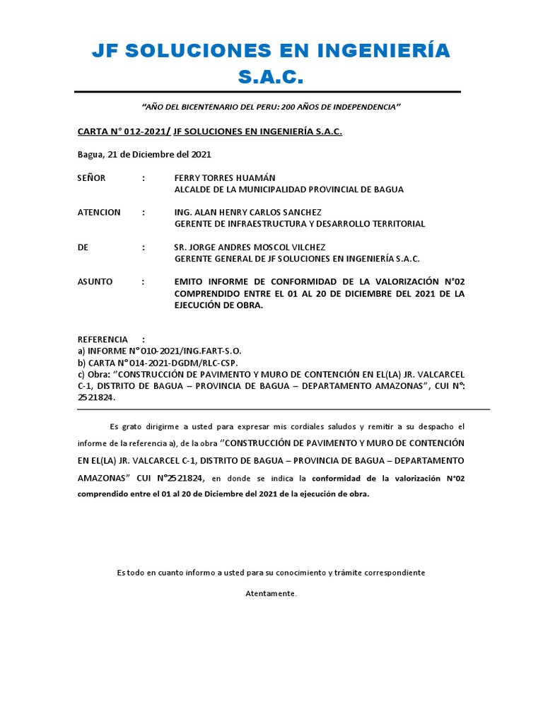 CARTA #012-2021 - Inf. de Conformidad de Valo. DIC. N°02 | PDF