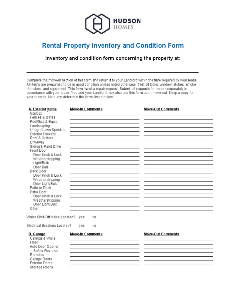 Inventory and Condition Form Concerning The Property at | PDF ...