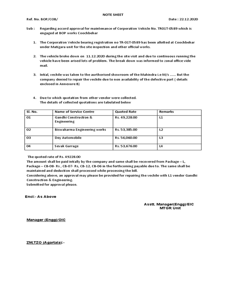 Sample of Note Sheet Maintenance of Vehicle Modified | PDF