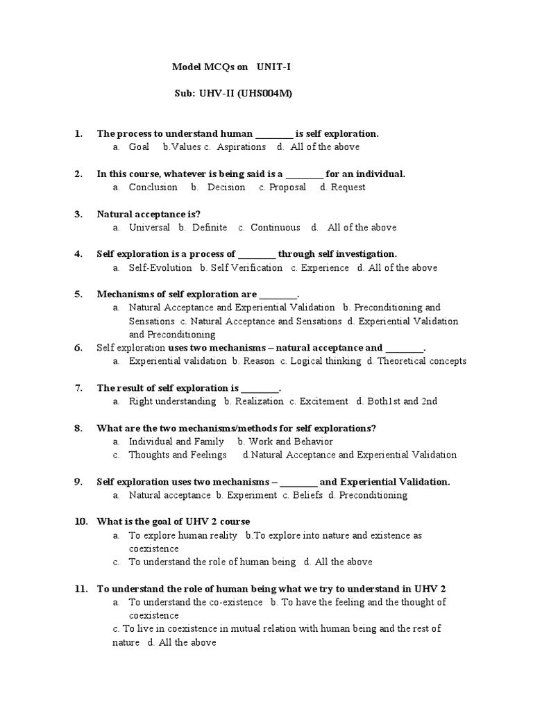 Model Multiple Choice Questions on Unit 1 of the UHV-II Course on Self ...