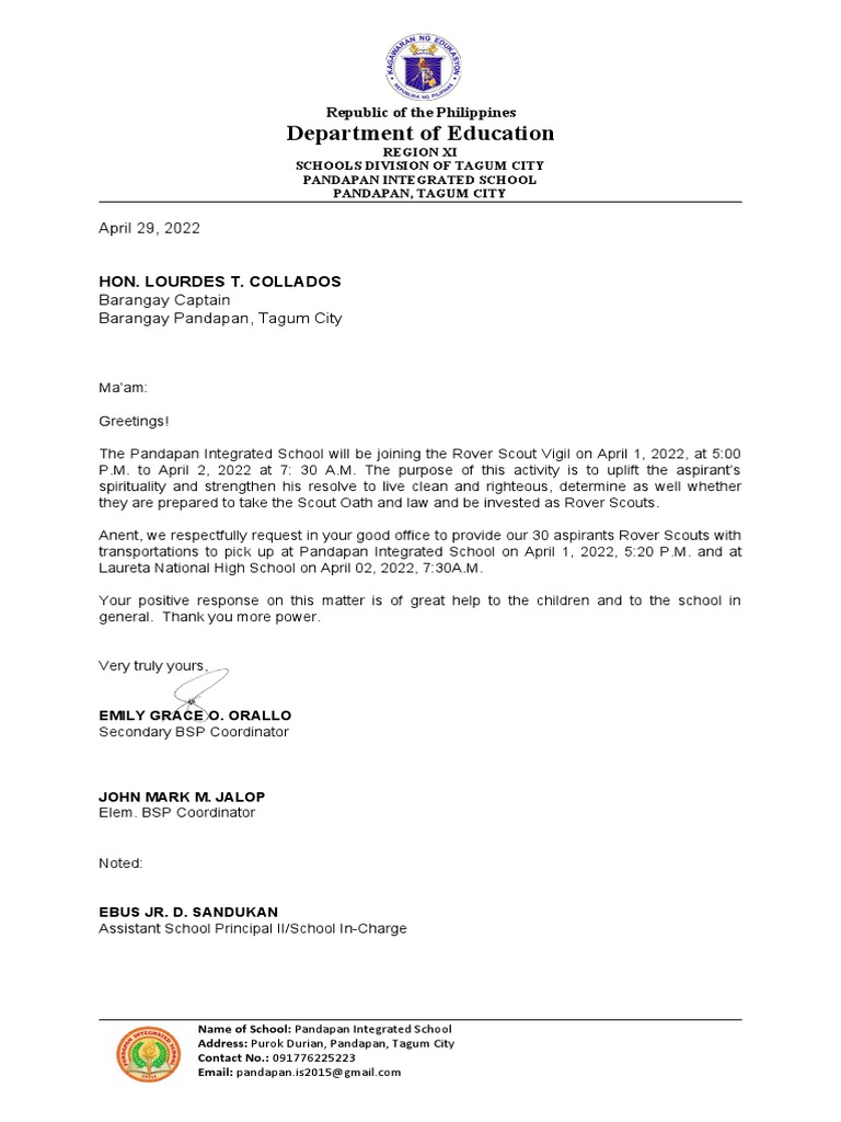 Request Letter For Transportation BSP | PDF | Scouting