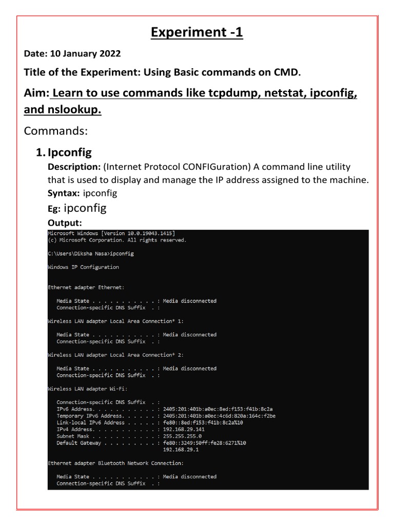 Experiment 1 Aim Learn To Use Commands Like Tcpdump Netstat Ipconfig And Nslookup Pdf