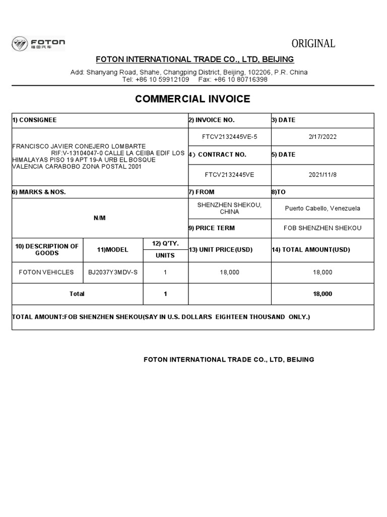 Commercial Invoice: Foton International Trade Co., LTD, Beijing | PDF