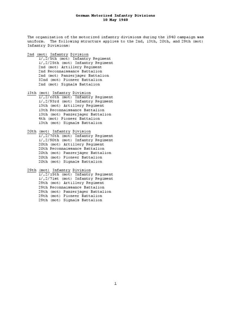 German Motorized Infantry Divisions 10 MAY 1940 | PDF | Platoon ...