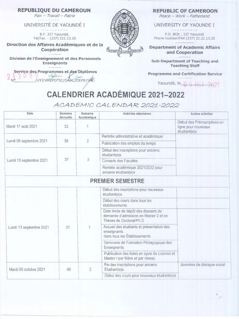 Calendrier Académique UY1 2024-2025 | PDF | Doctorat | Docimologie