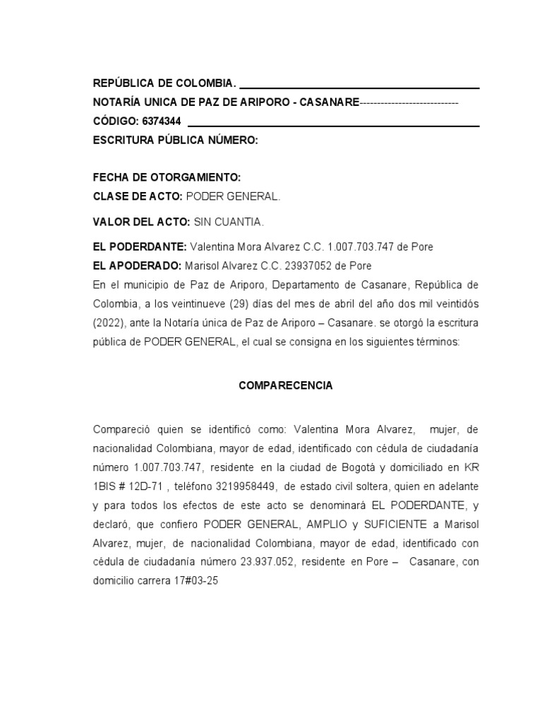 Poder General Modelo Consulado Colombia | PDF | Propiedad | Información
