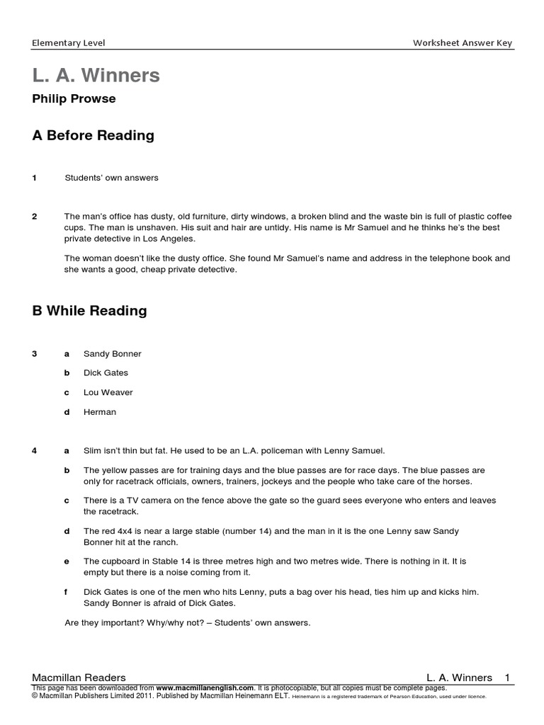 L.A. Winners Worksheet Answer Key | PDF