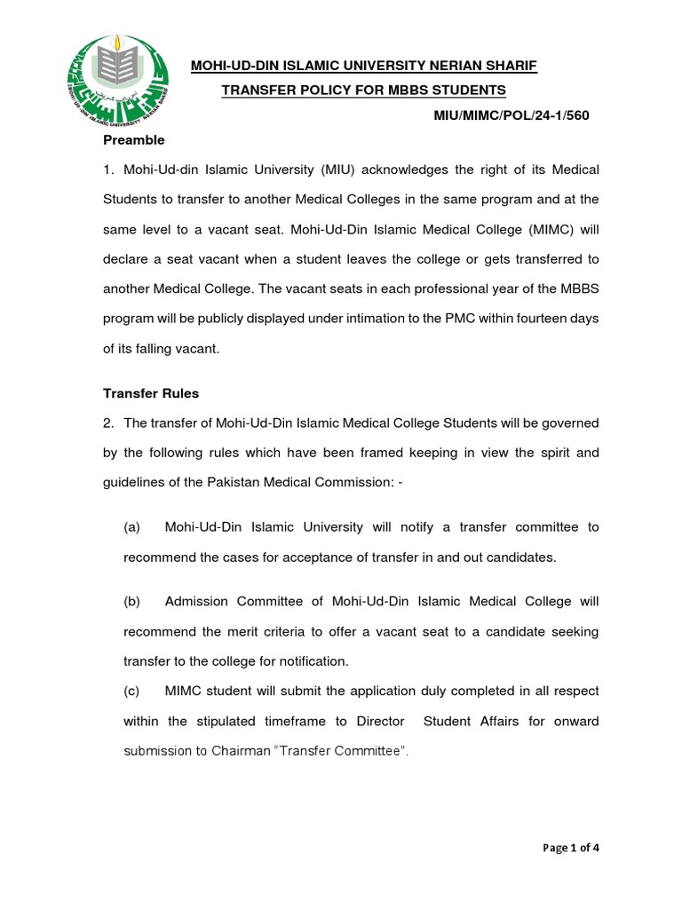 Mohi-Ud-Din Islamic University Nerian Sharif Transfer Policy For Mbbs Students MIU/MIMC/POL/24-1 ...