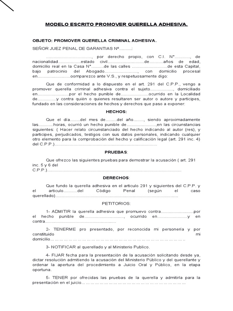 Modelo Escrito Promover Querella Adhesiva-Autonoma | PDF | Queja | Separación de poderes