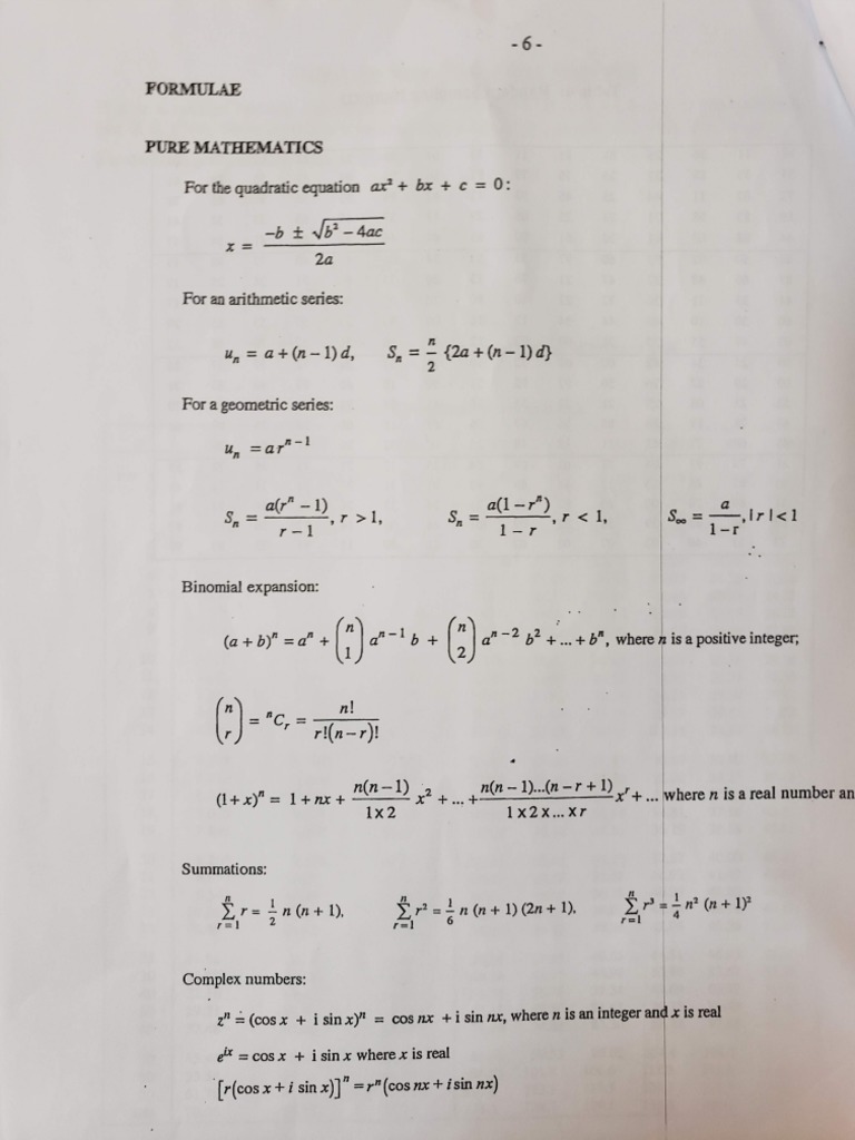 Pure Mathematics Formula Sheet | PDF