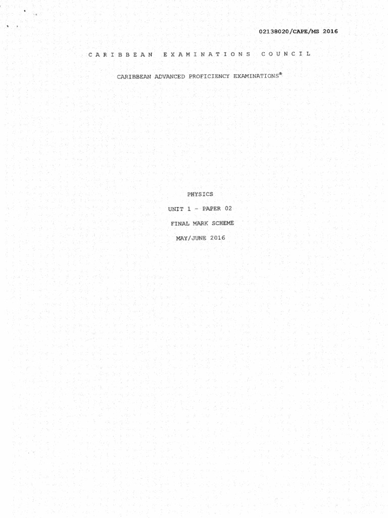 CAPE Physics 2016 U1 P2 Mark Scheme | PDF | Physical Quantities | Quantity