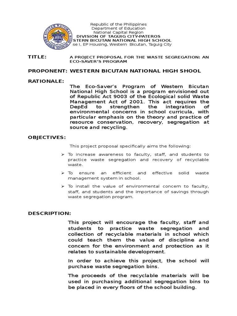 A Proposal for a Waste Segregation Program at Western Bicutan National ...