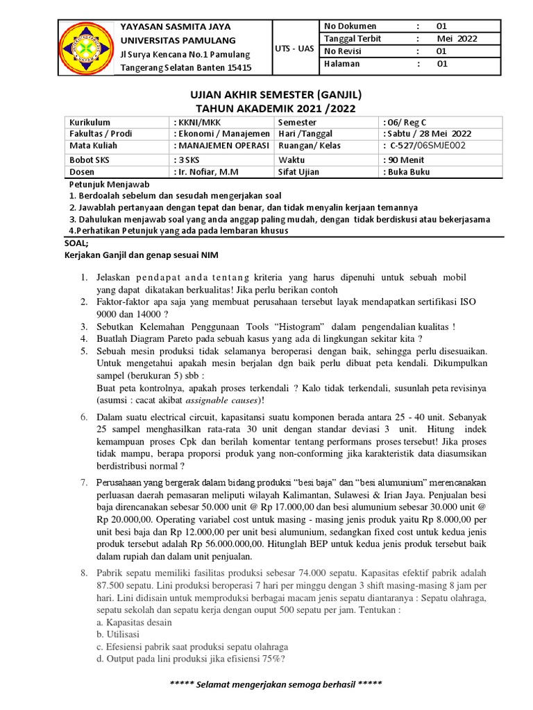 SOAL UAS MO. C-527 - 06SMJE002 Dosen 01737-Ganjil - 2021-2022 | PDF