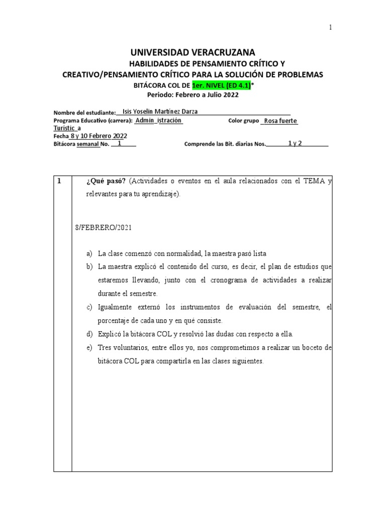 Bitácora COL Segundo Nivel Semana 1 y 2 | PDF | Teoría | Plan de estudios