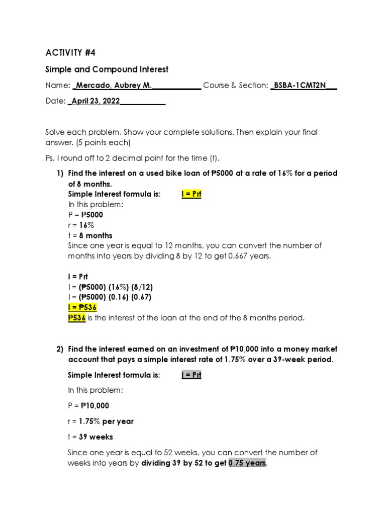 Activity #4: Simple and Compound Interest | PDF | Interest | Liability ...