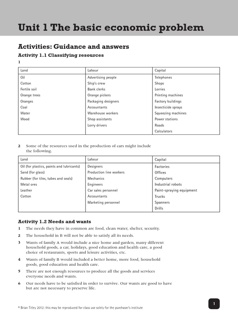 Unit 1 The Basic Economic Problem: Activities: Guidance and Answers ...