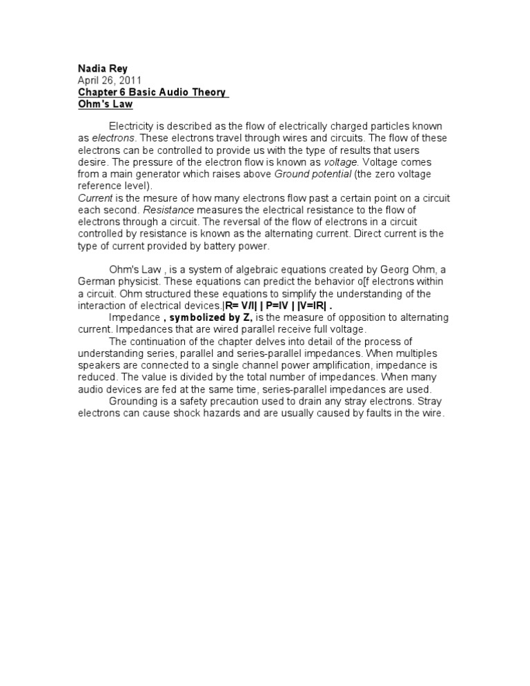 Nadia Rey Chapter 6 Basic Audio Theory Ohm's Law | PDF