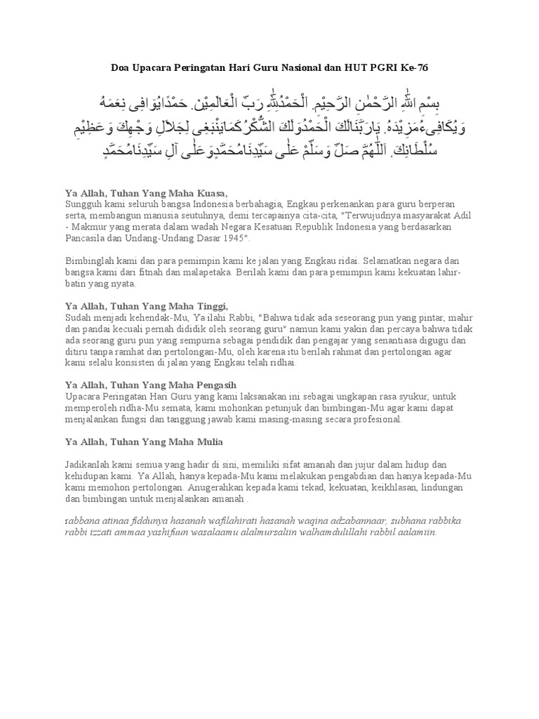 Doa Upacara Peringatan Hari Guru Nasional Dan HUT PGRI Ke | PDF | Kajian Bahasa Asing | Agama ...