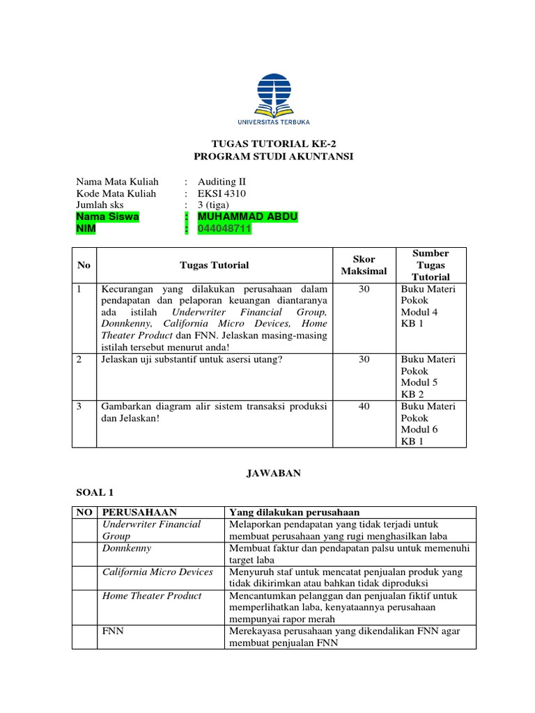 Tugas Tutorial Ke-2 Auditing 2 | PDF Tugas Tutorial Ke-2 Auditing 2 | PDF