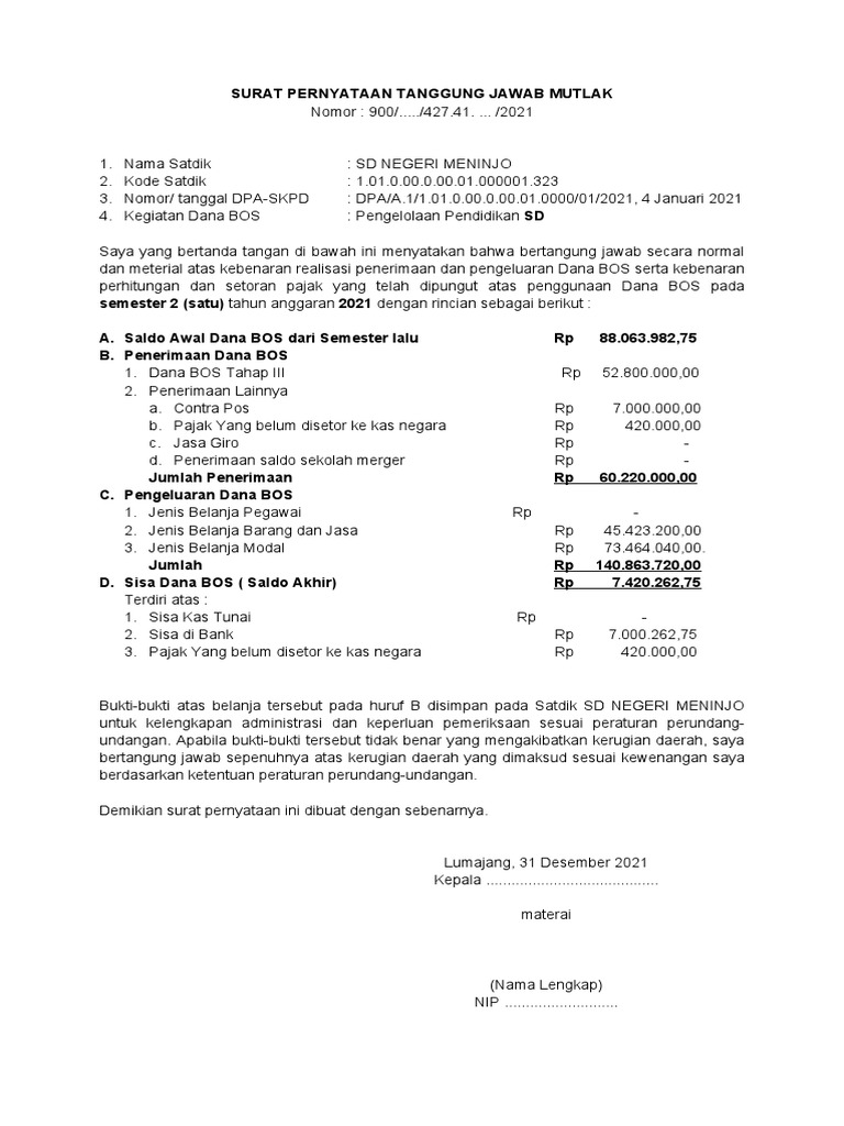 Contoh Pengisian SPTJM Semester 2 | PDF