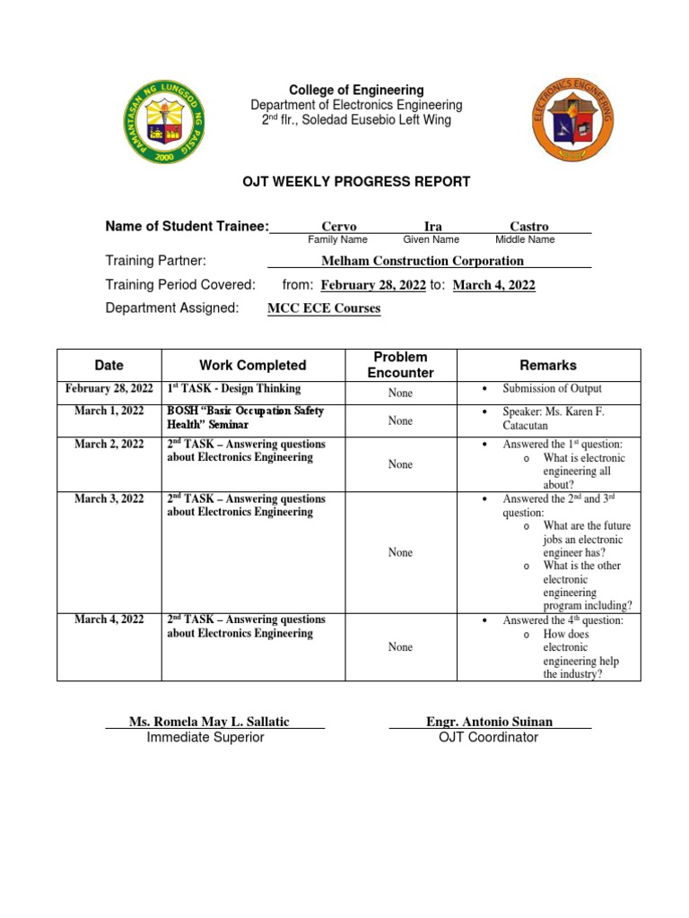 Cervo - Ojt Weekly Progress (2ND Week) | PDF | Engineering | Science