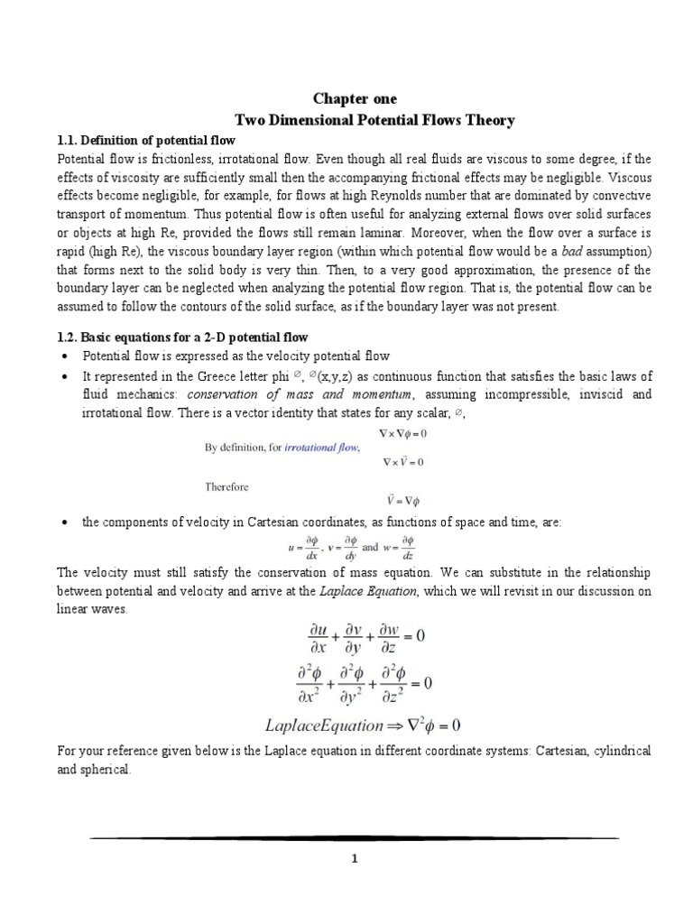 Chapter One Two Dimensional Potential Flows Theory: 1.1. Definition of ...