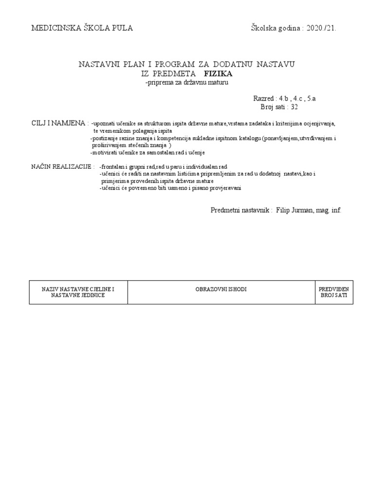 Dodatna Nastava Iz Fizike 2021-22 | PDF