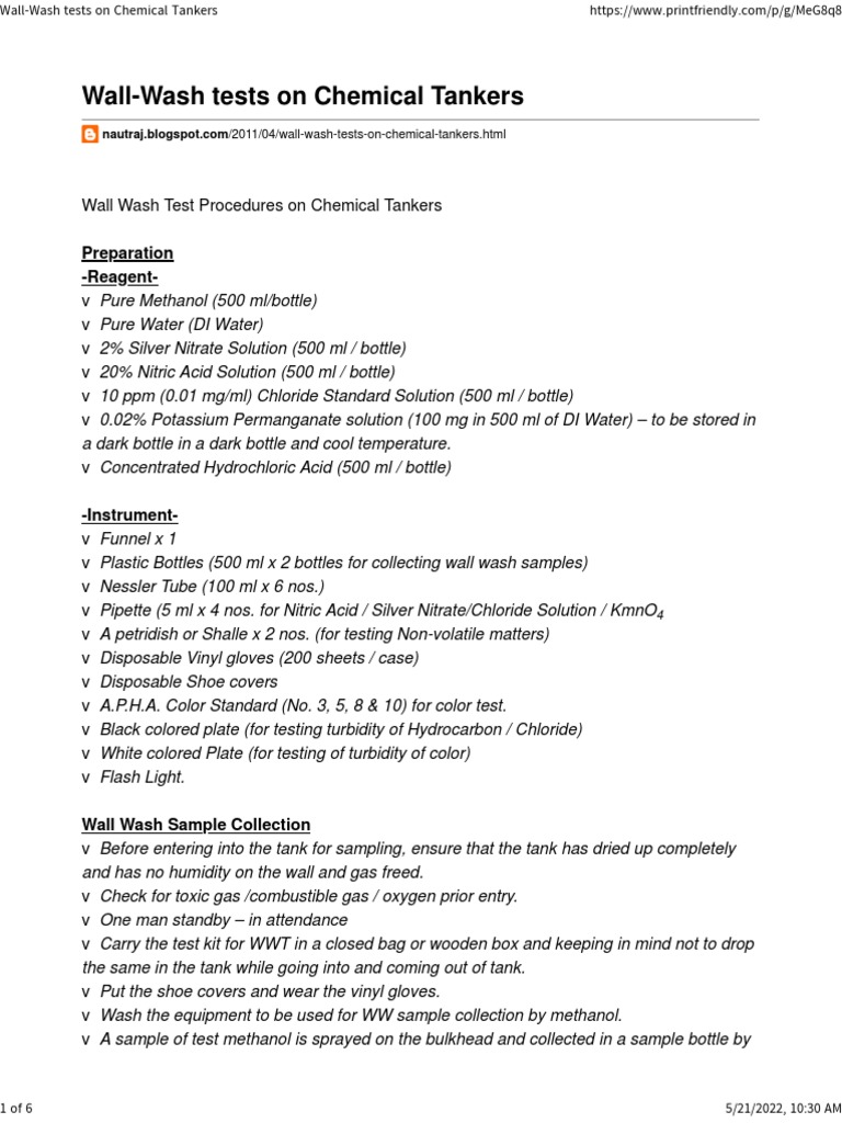 Wall Wash Test Procedures for Tankers | PDF | Nitric Acid | Chemistry