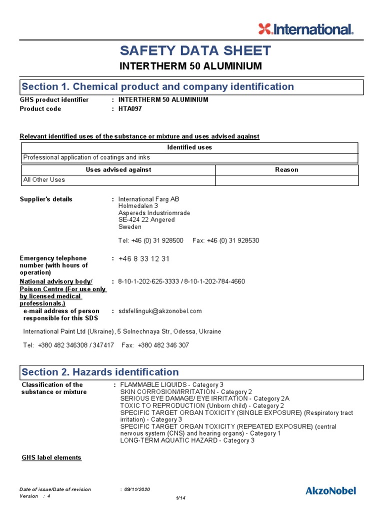 Safety Data Sheet: Intertherm 50 Aluminium | PDF | Firefighting | Toxicity