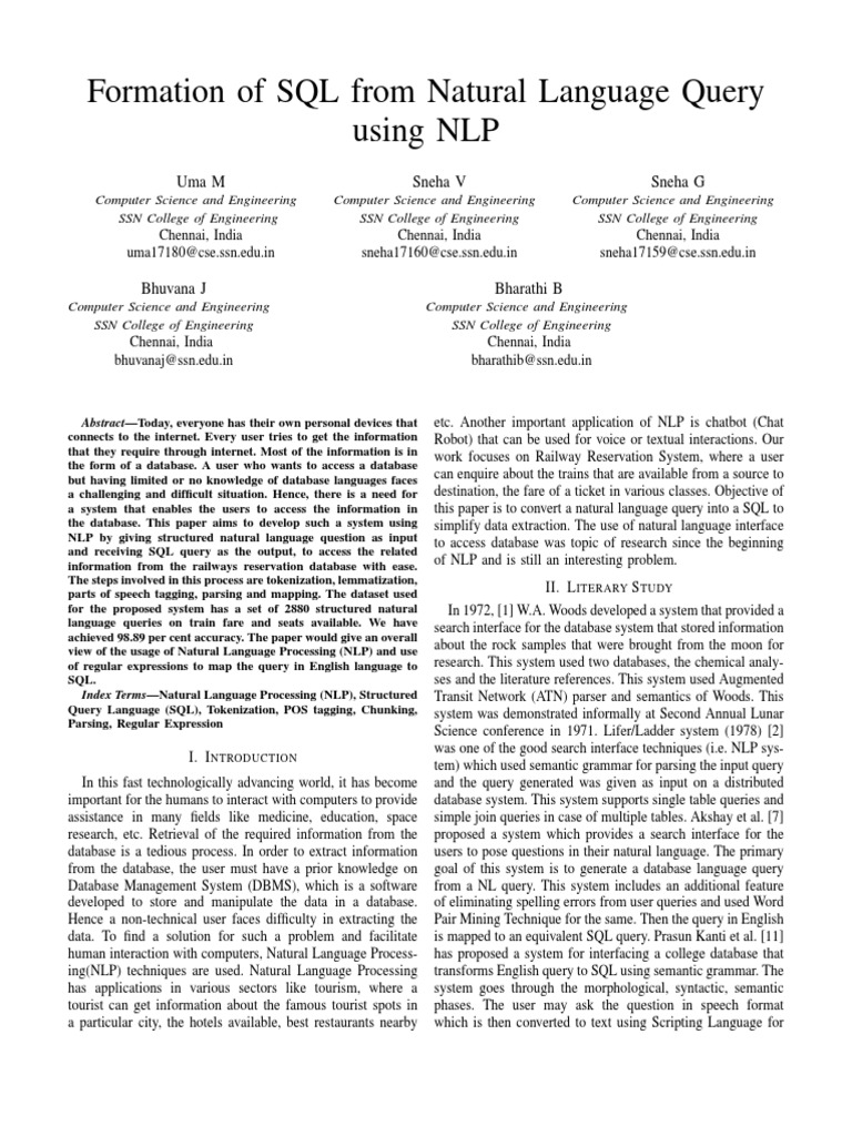 Formation of SQL From Natural Language Query Using NLP: Uma M Sneha V Sneha G | PDF | Databases ...