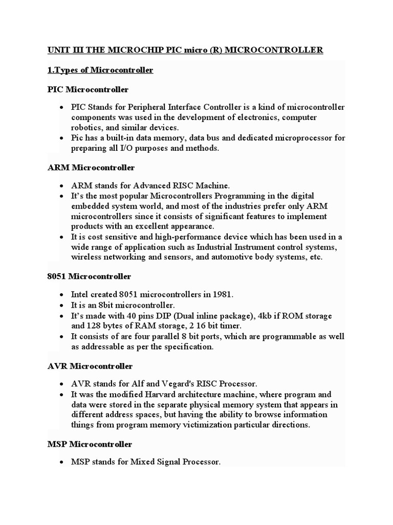 Unit Iii The Microchip Pic Micro (R) Microcontroller 1.types of ...