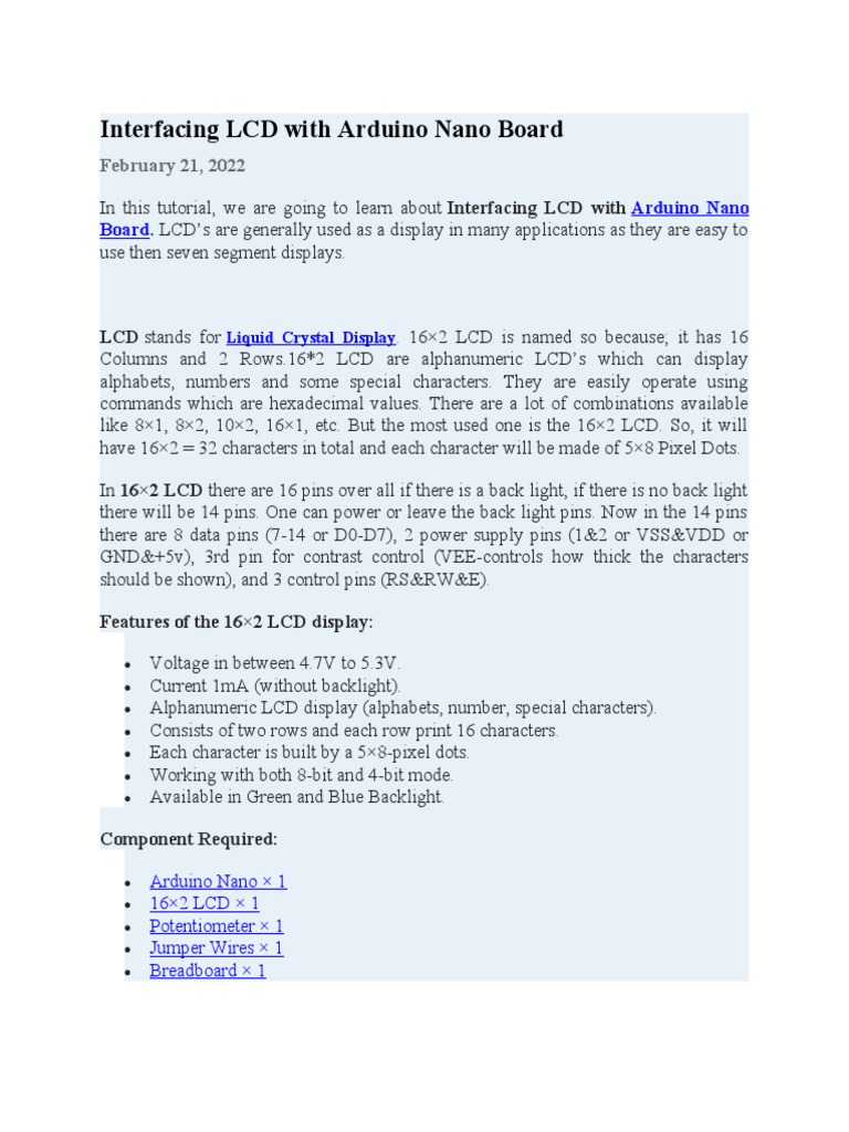 Interfacing LCD With Arduino Nano Board | PDF | Liquid Crystal Display | Backlight