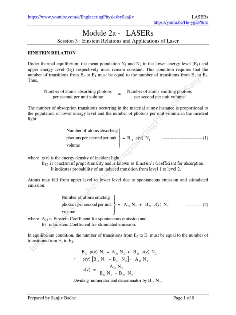 02a LASERs Session 3 (Einstein Relations and Applications of Laser) | PDF | Holography | Laser