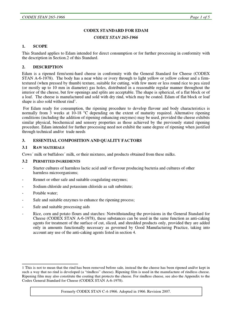 Codex Standard For Edam: CODEX STAN 265-1966 Page 1 of 5 | PDF | Cheese ...