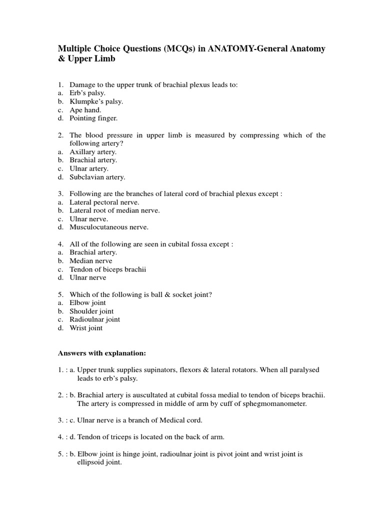 Multiple Choice Questions (MCQS) in Anatomy-General Anatomy & Upper ...
