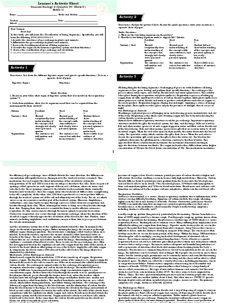 Gen Bio 2 Q4 LAS 3 Module 13 | PDF | Lung | Respiratory Tract