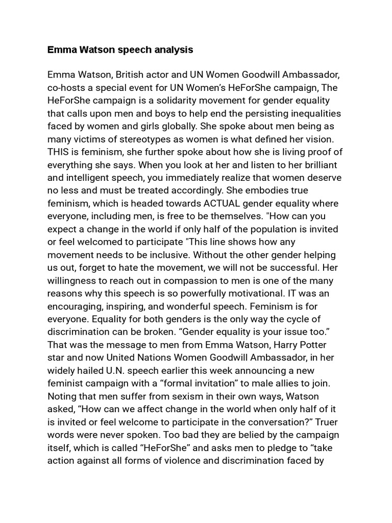Emma Watson's HeForShe Speech Analysis | PDF | Gender Studies | Feminism