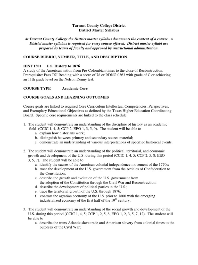 TCC Master Syllabus 1301 SP 10 | PDF | Syllabus | The United States