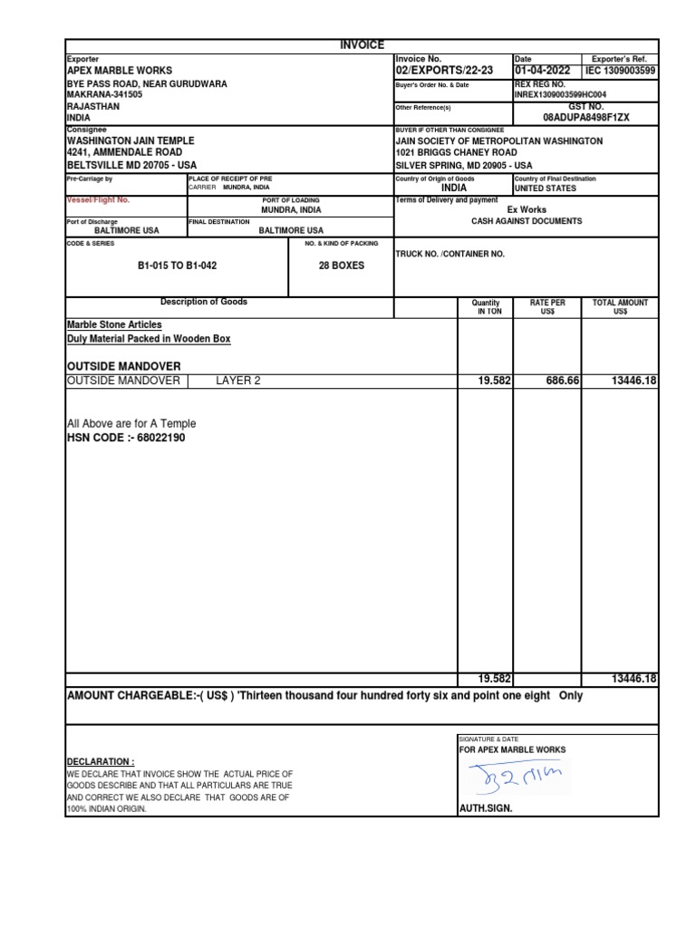 Invoice: Apex Marble Works IEC 1309003599 | PDF | Invoice | Trade